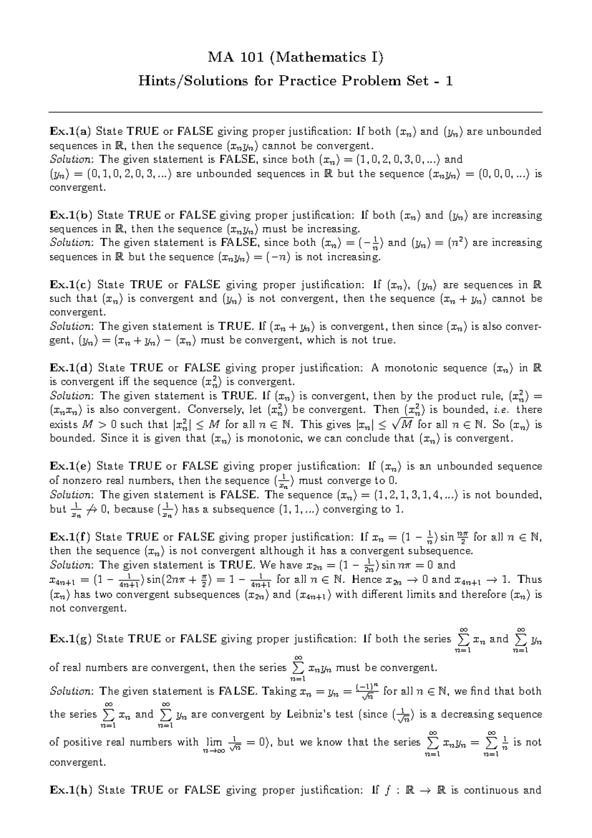 Practice Solution 1 - Gjgjv hkk - MA 101 (Mathematics I) Hints/Solutions for Practice Problem ...