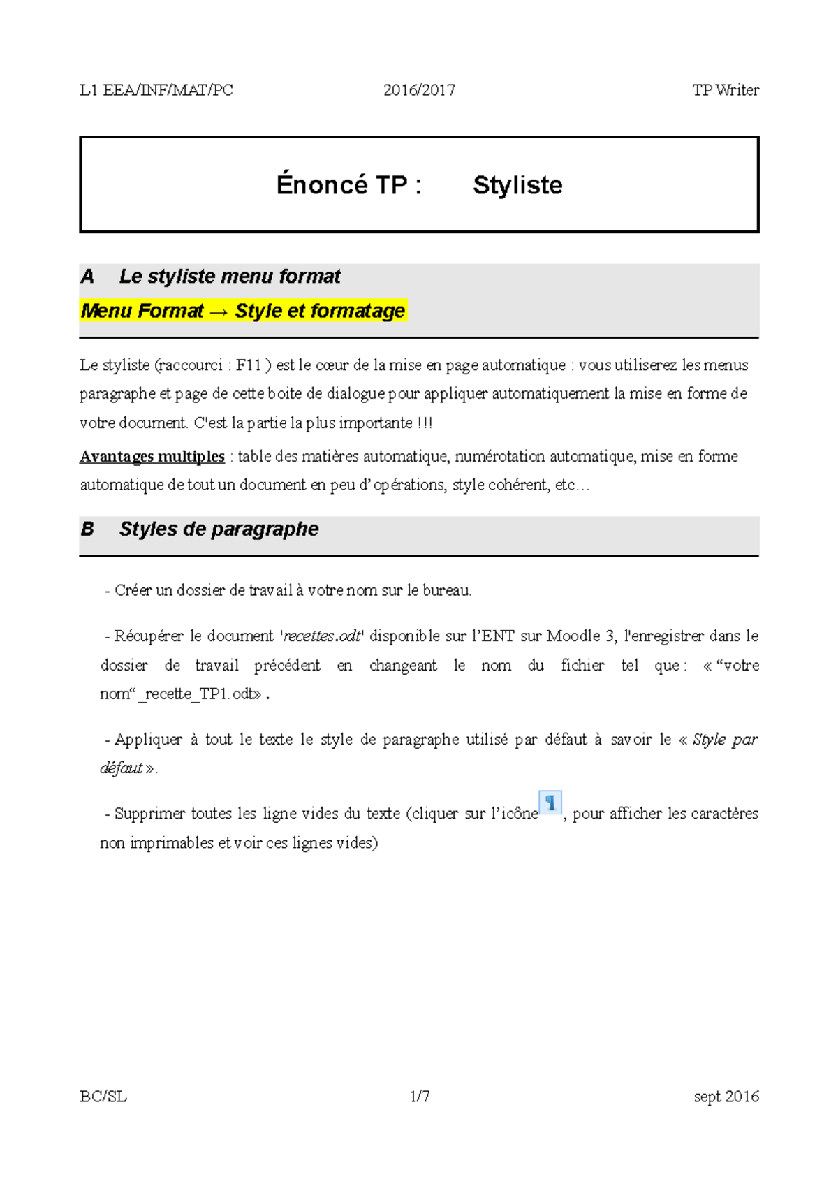 TP1 writer 16 17 - Énoncé TP : Styliste A Le styliste menu format Menu Format → Style et ...