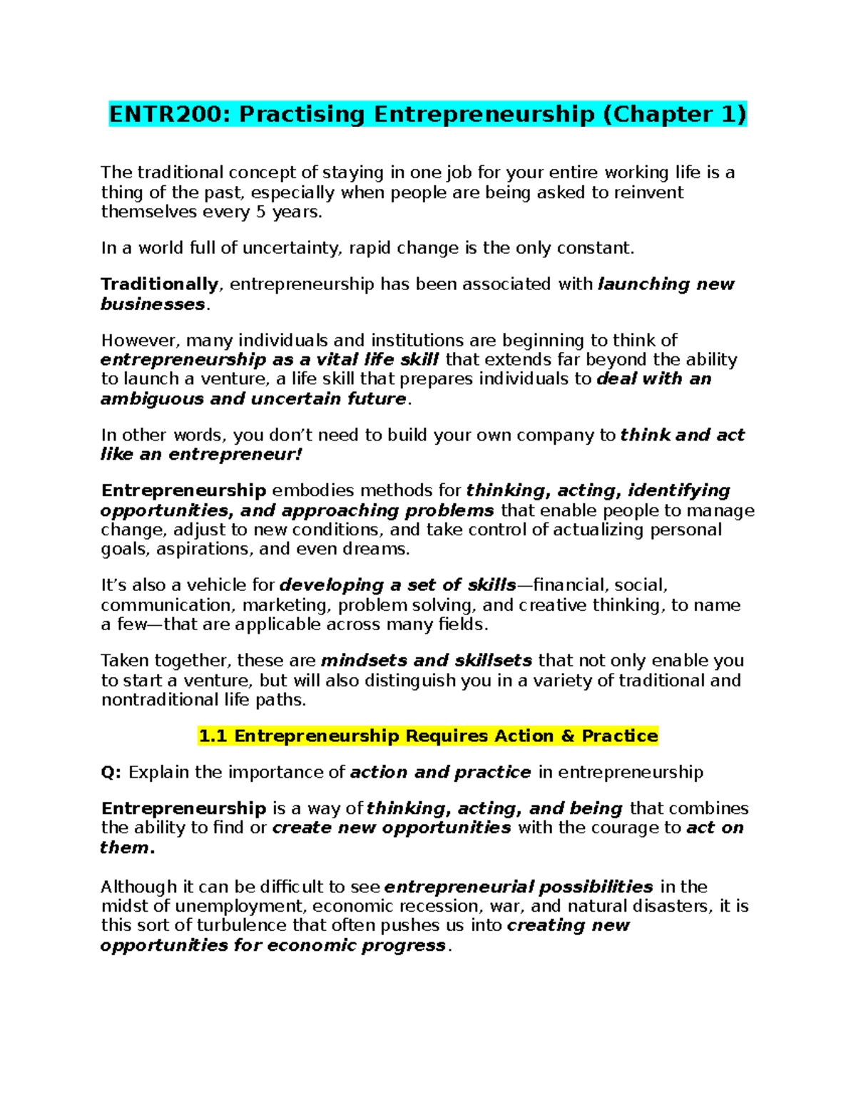 ENTR200 CHAPTER 1 NOTES - ENTR200: Practising Entrepreneurship (Chapter ...