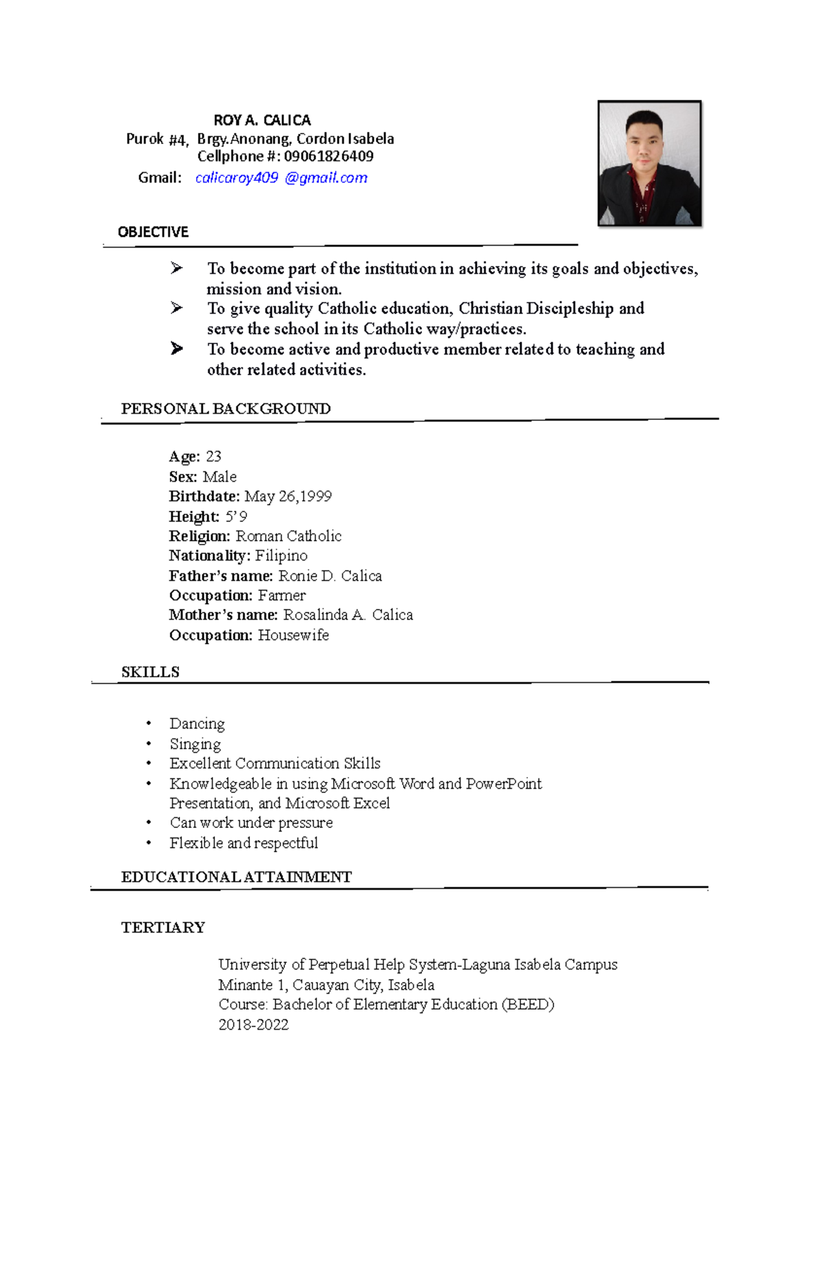 Roy-Calica-Resume - Resume - To become part of the institution in ...
