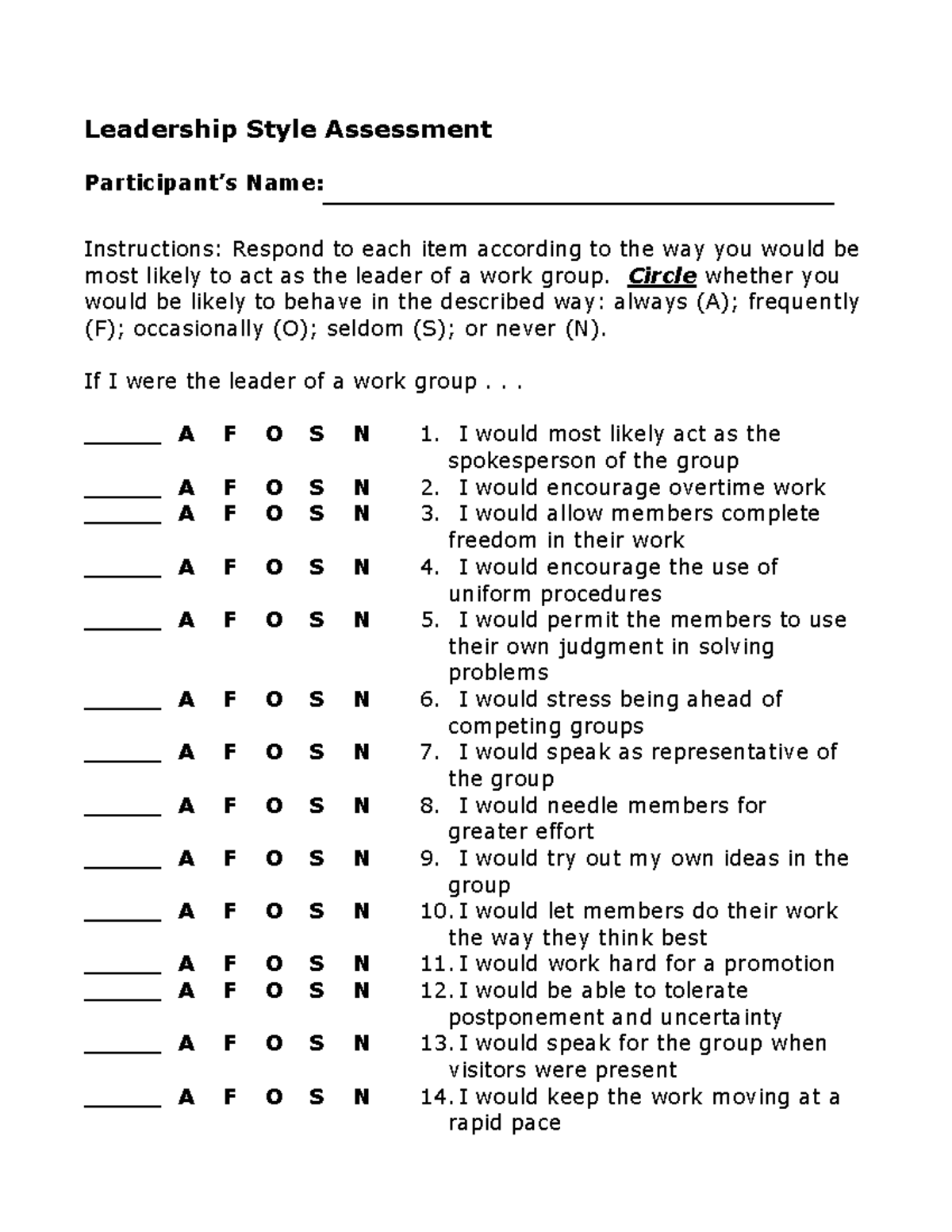 Leadership Style Assessment - Leadership Style Assessment Participant’s ...