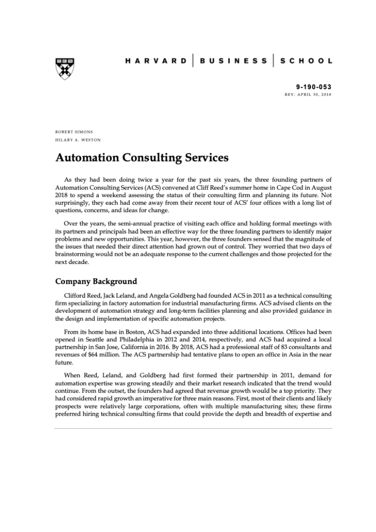 Automation Consulting Services - HARVARD BUSINESS SCHOOL REV: APRIL 30 ...
