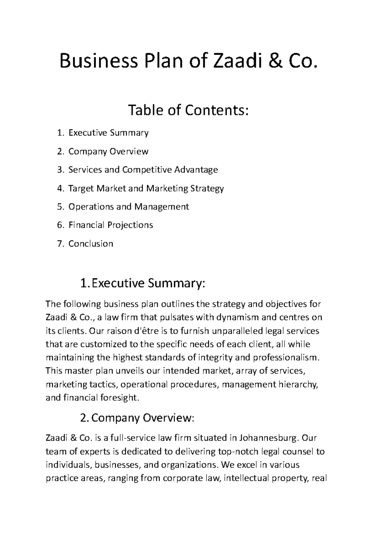 Business Plan - Table of Contents: 1. Executive Summary 2. Company ...
