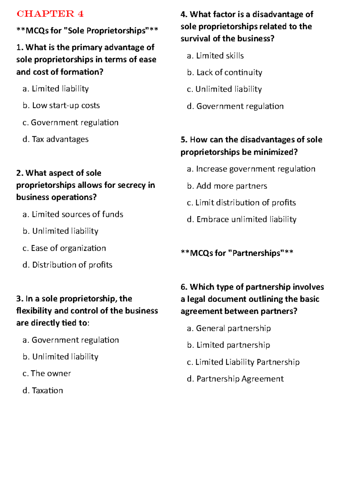 Chpt 4 MCQ based on ppt - MCQS - Chapter 4 MCQs for "Sole Proprietorships" What is the - Studocu