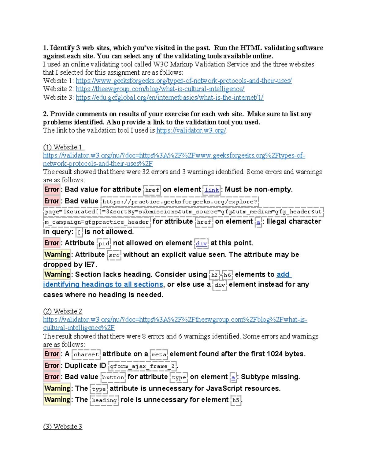 Assignment 1 Identify 3 Web Sites Which Youve Visited In The Past Run The Html Validating