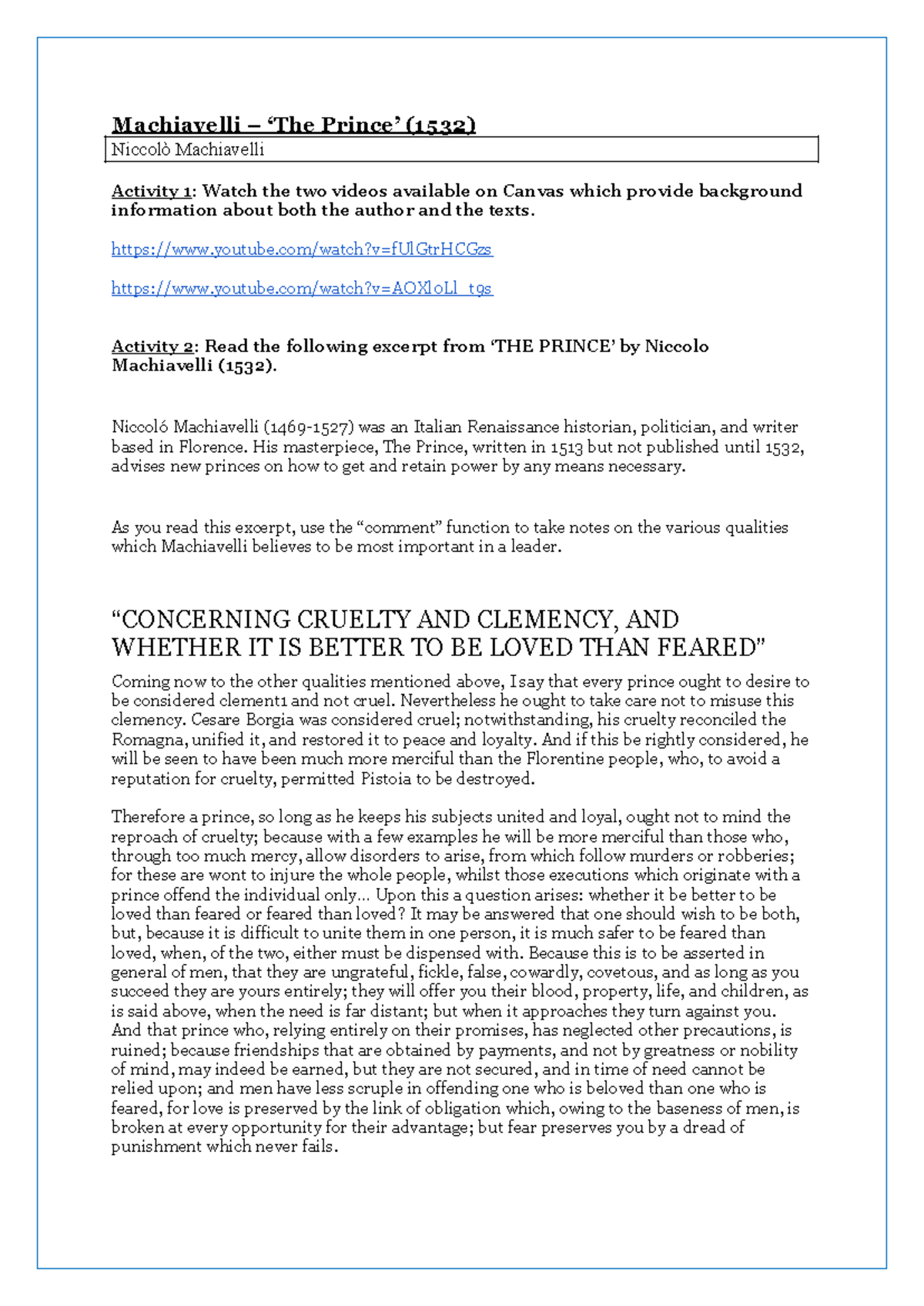 Machiavelli The Prince - Machiavelli – ‘The Prince’ (1532) Niccolò ...