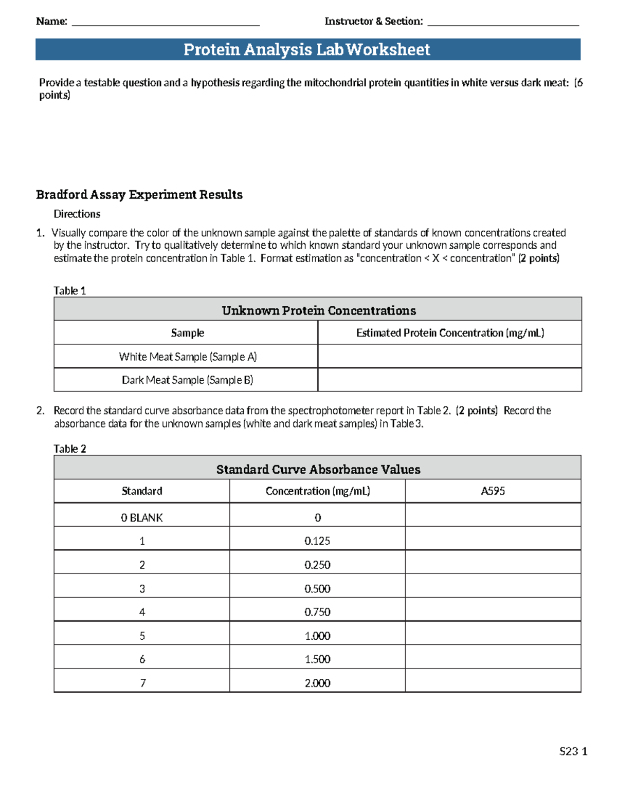 S23 Protein Analysis Worksheet - Name: Instructor & Section: Protein ...