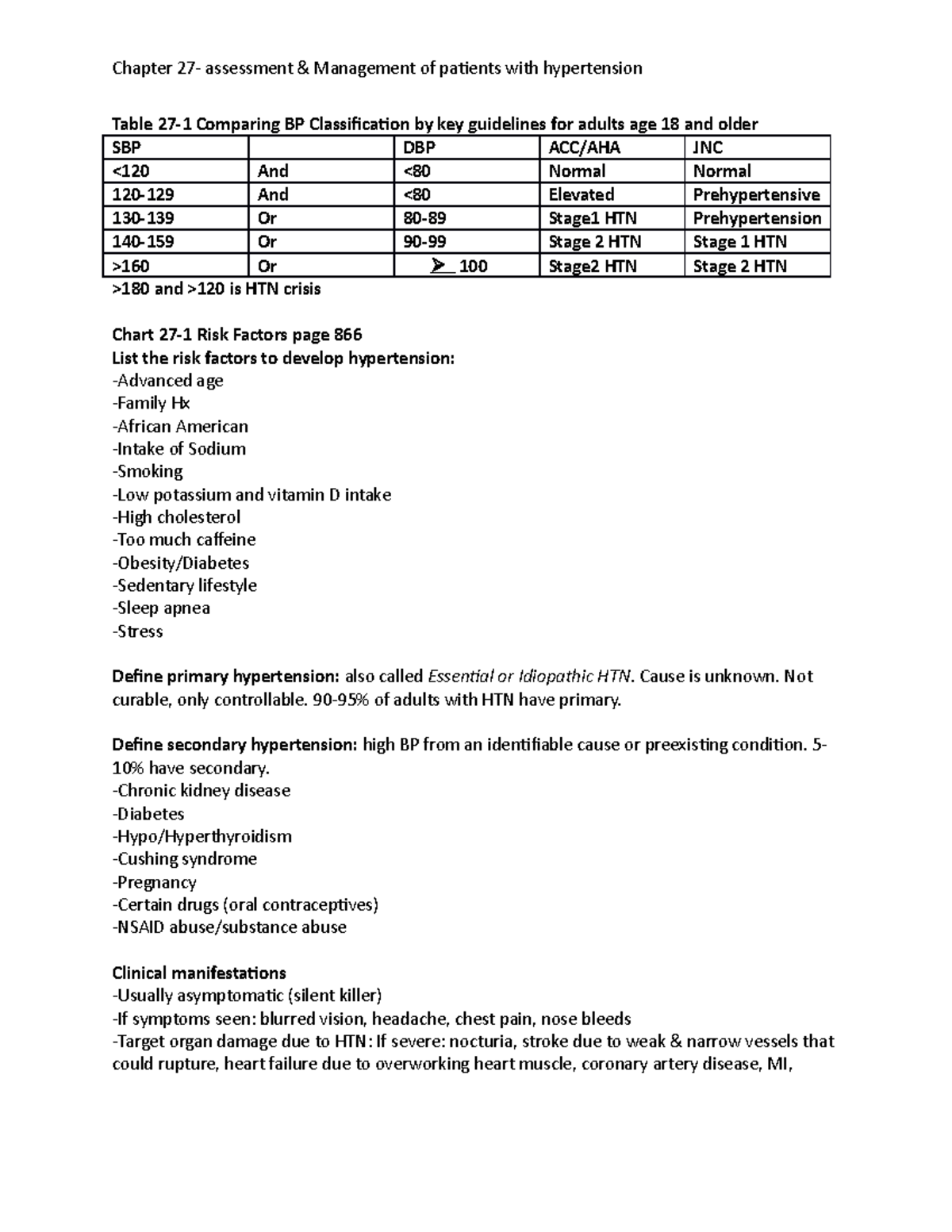 Ch 27 HTN Worksheet. Med:Surg - Table 27-1 Comparing BP Classification ...