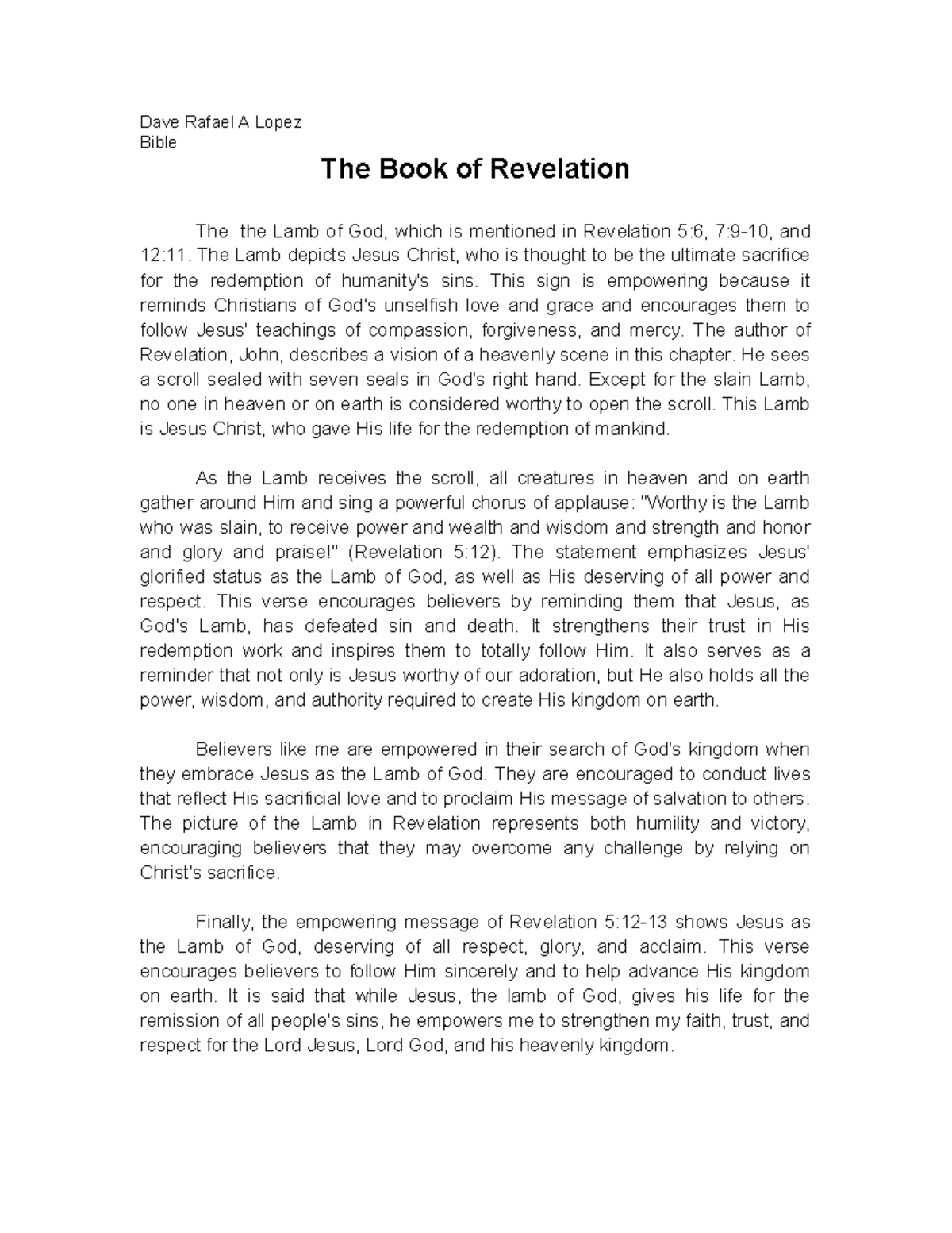 250 essay-book of revelation - Dave Rafael A Lopez Bible The Book of ...
