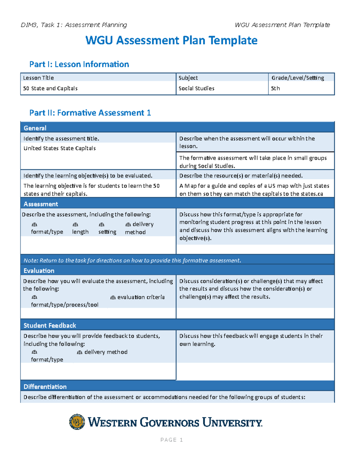 WGU Assessment Plan Template - Describe when the assessment will occur ...
