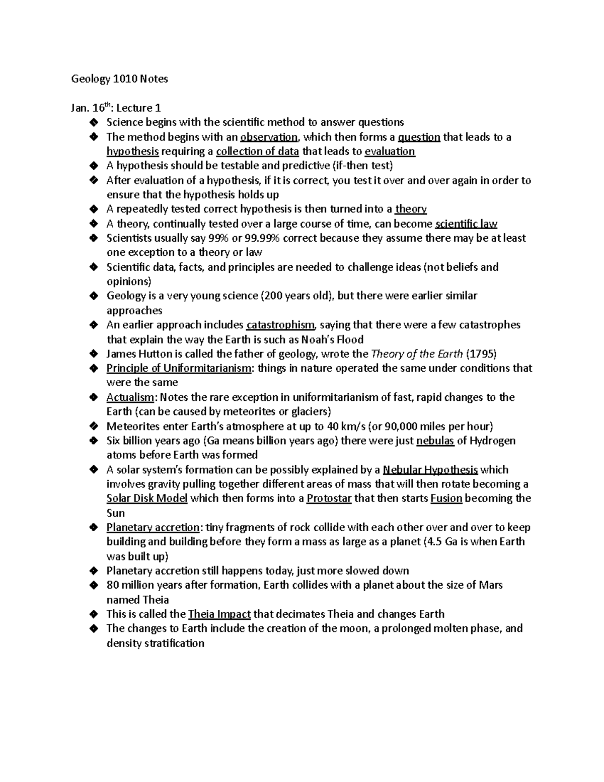 Geology 1010 Notes - Geology 1010 Notes Jan. 16th: Lecture 1 Science ...