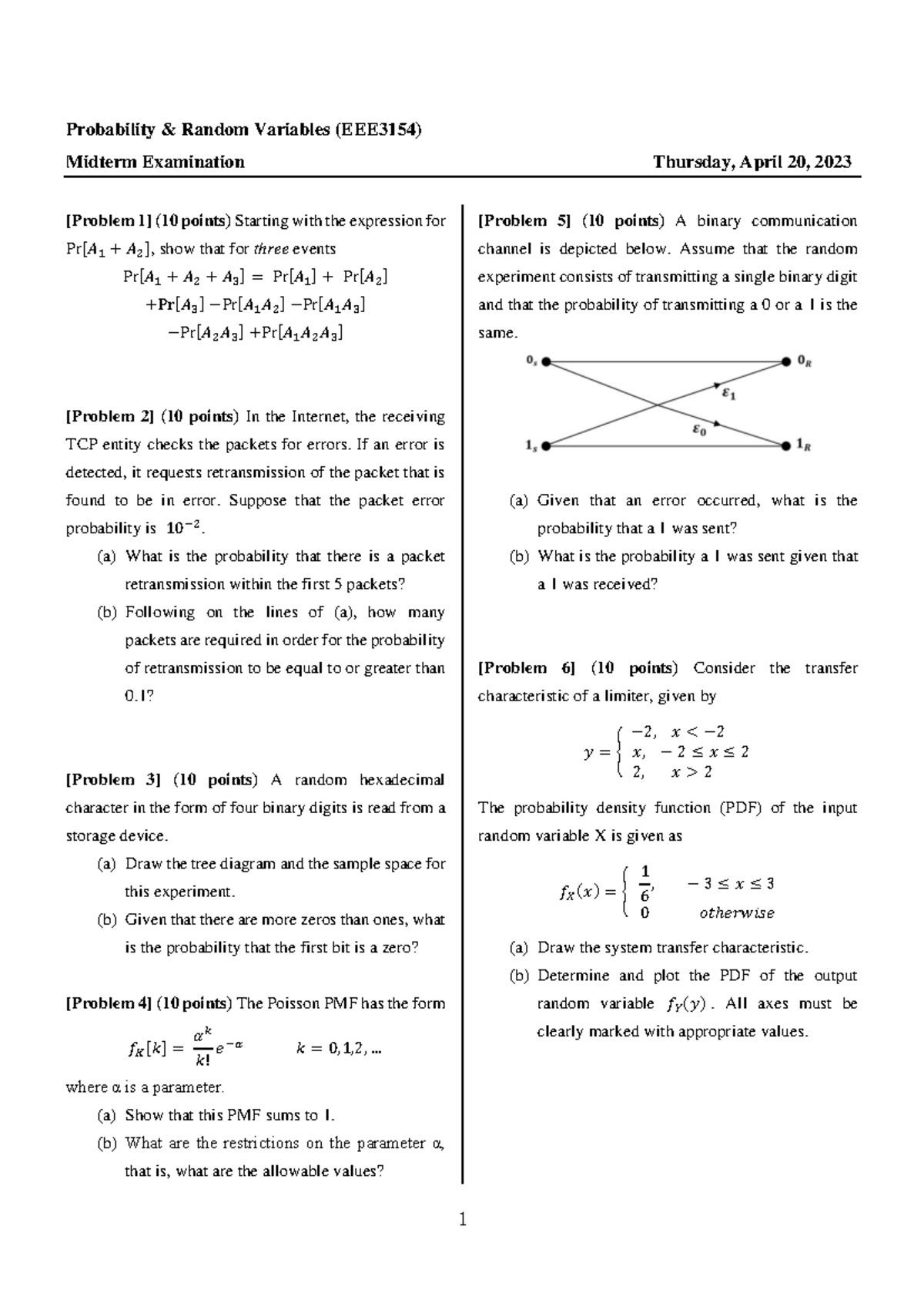 Random midterm 23 - 1 Probability & Random Variables (EEE 3154 ) Midterm Examination Thursday ...