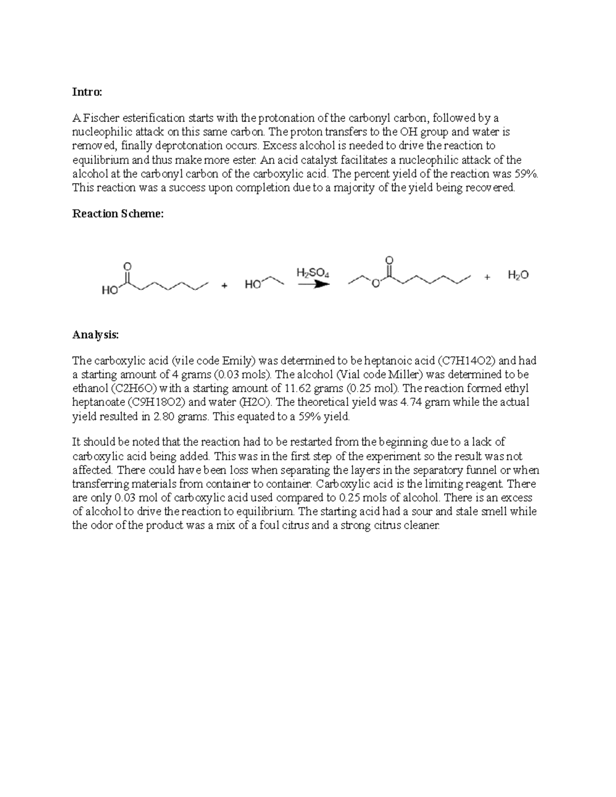 Lab report draft - This is for lab in organic chemistry lab 2 - Intro: A Fischer esterification ...