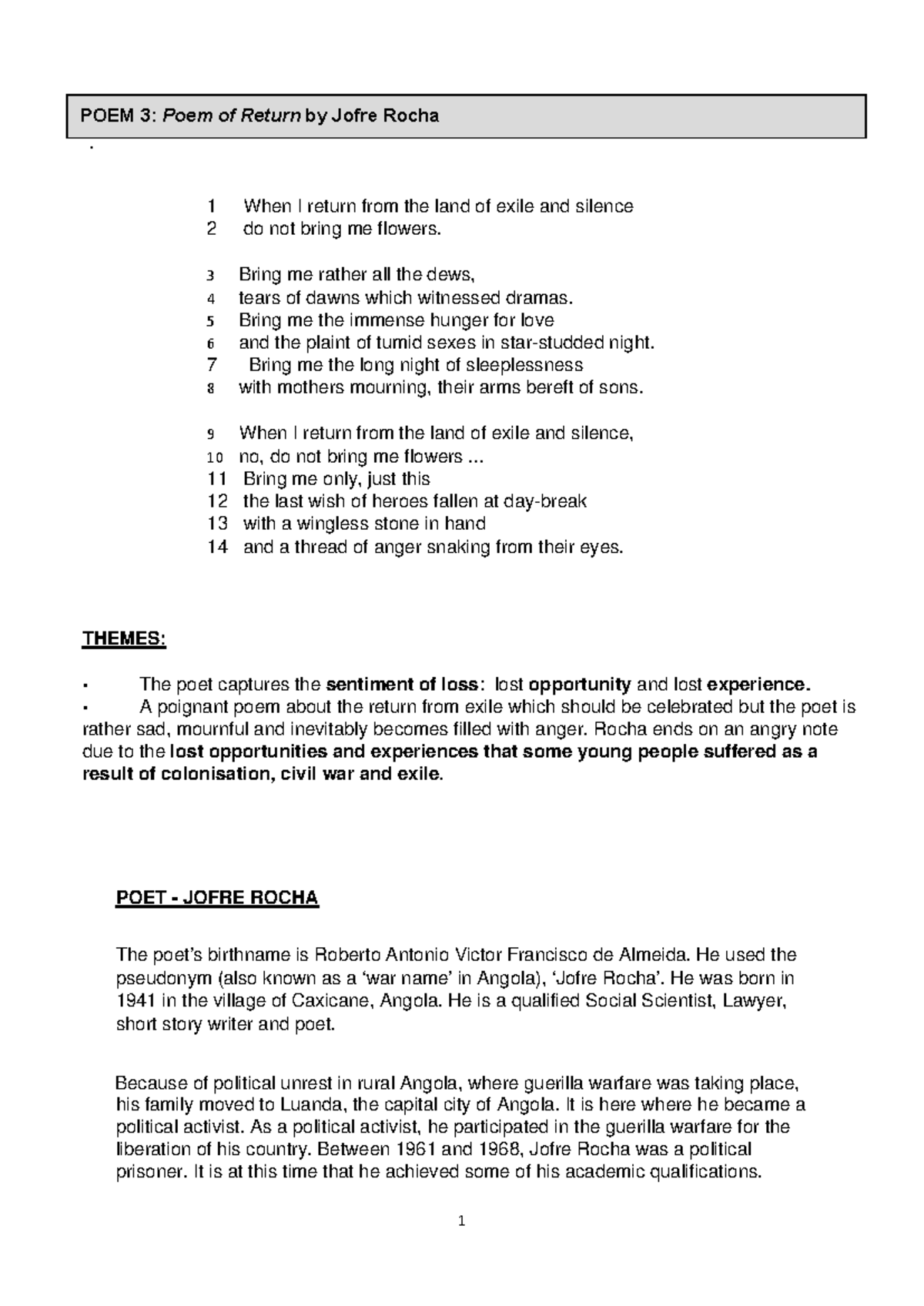 2024 Grade 12 Poem of Return - POEM 3 : Poem of Return by Jofre Rocha 1 ...