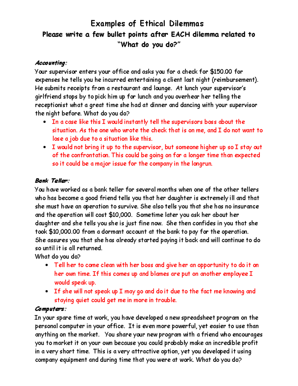 Dilemma examples - inclass assignment - Examples of Ethical Dilemmas ...