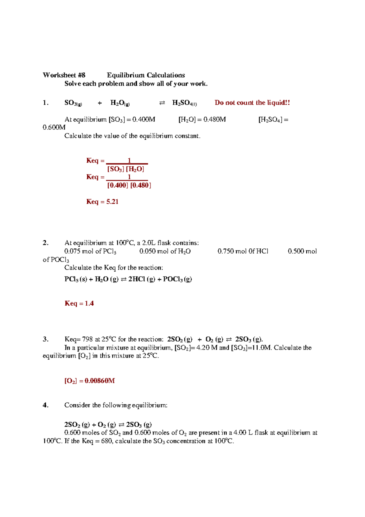 Dynamic Equilibrium Worksheet 2 - Worksheet #8 Equilibrium Calculations ...