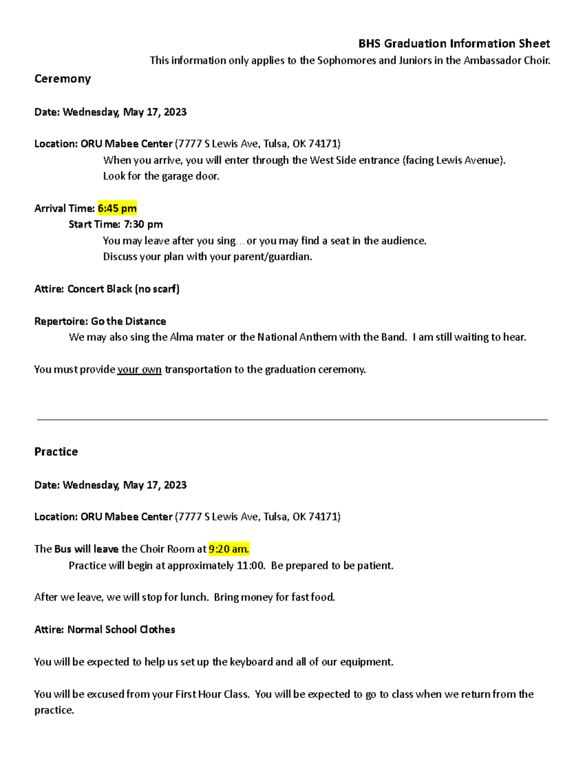 Information Sheet, Graduation - BHS Graduation Information Sheet This ...