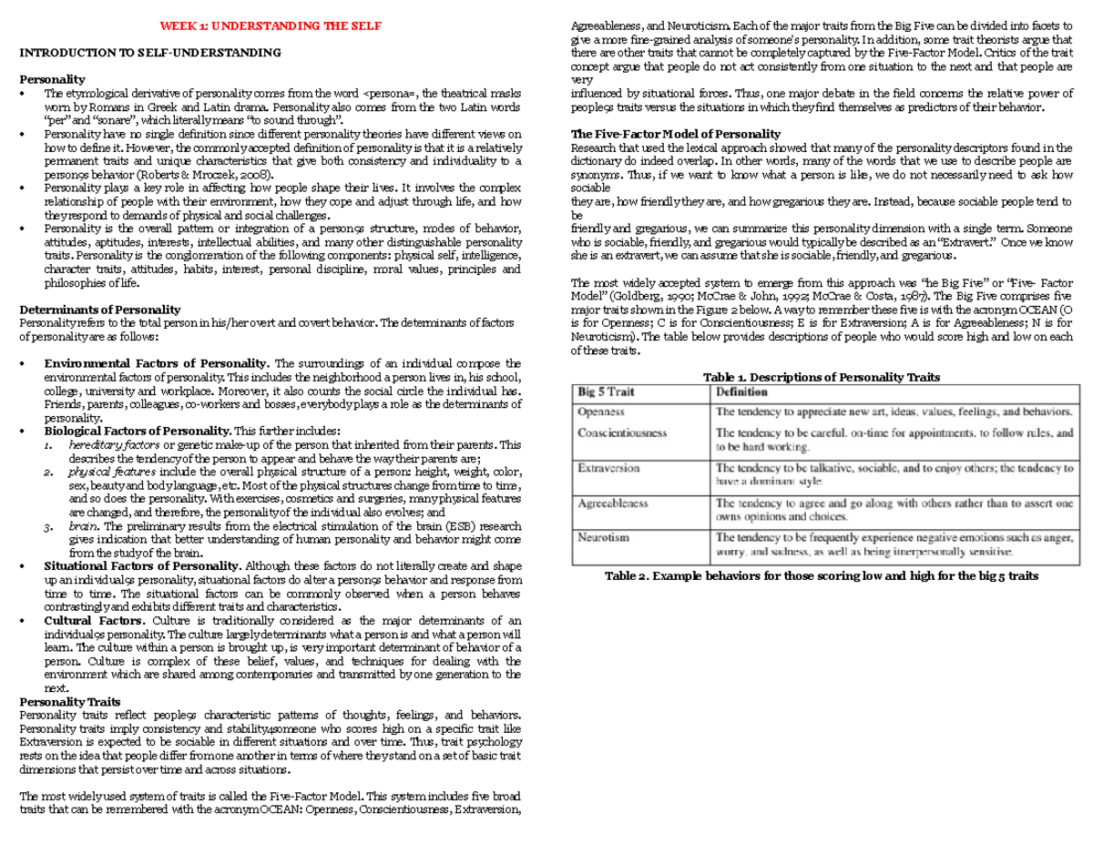 UTS Reviewer Week 1 and 2 - WEEK 1: UNDERSTANDING THE SELF INTRODUCTION TO SELF-UNDERSTANDING ...