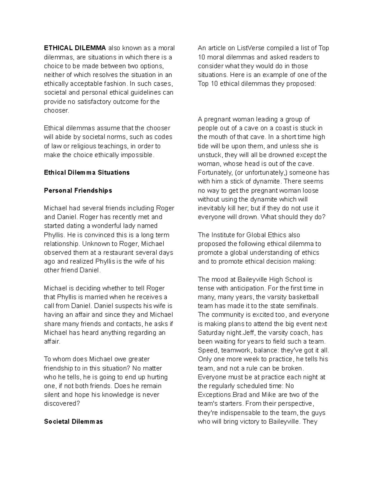 Etics Prelim 9 - ETHICAL DILEMMA also known as a moral dilemmas, are ...