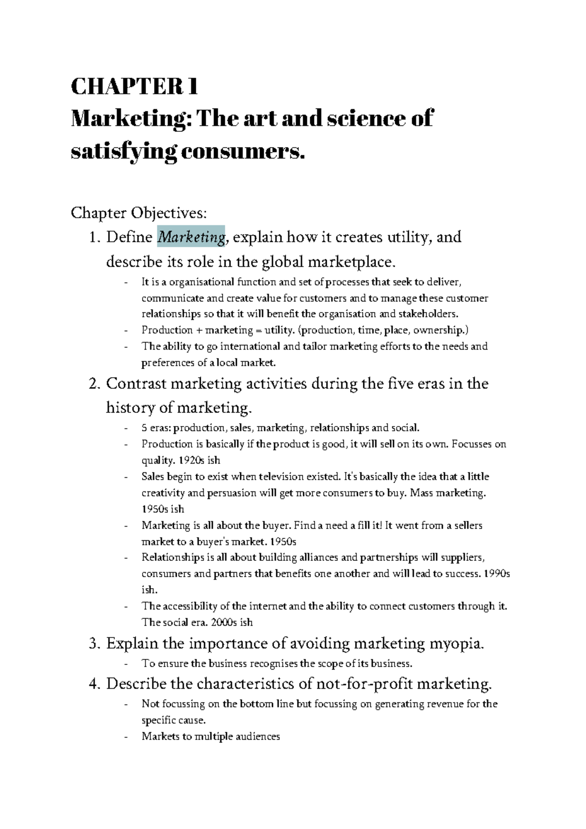 LECT 1 - Lecture notes chapter 1 - CHAPTER 1 Marketing: The art and ...