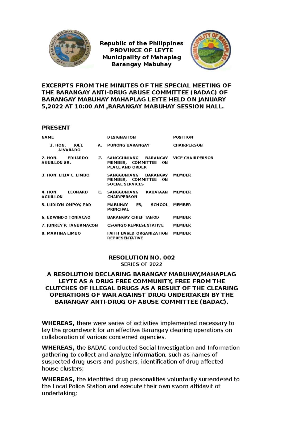 Resolution for Badac - Republic of the Philippines PROVINCE OF LEYTE ...
