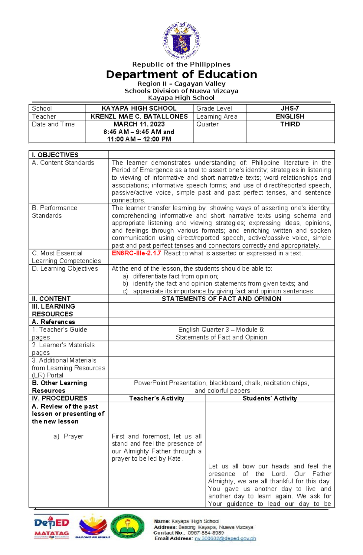 detailed lesson plan - Republic of the Philippines Department of ...