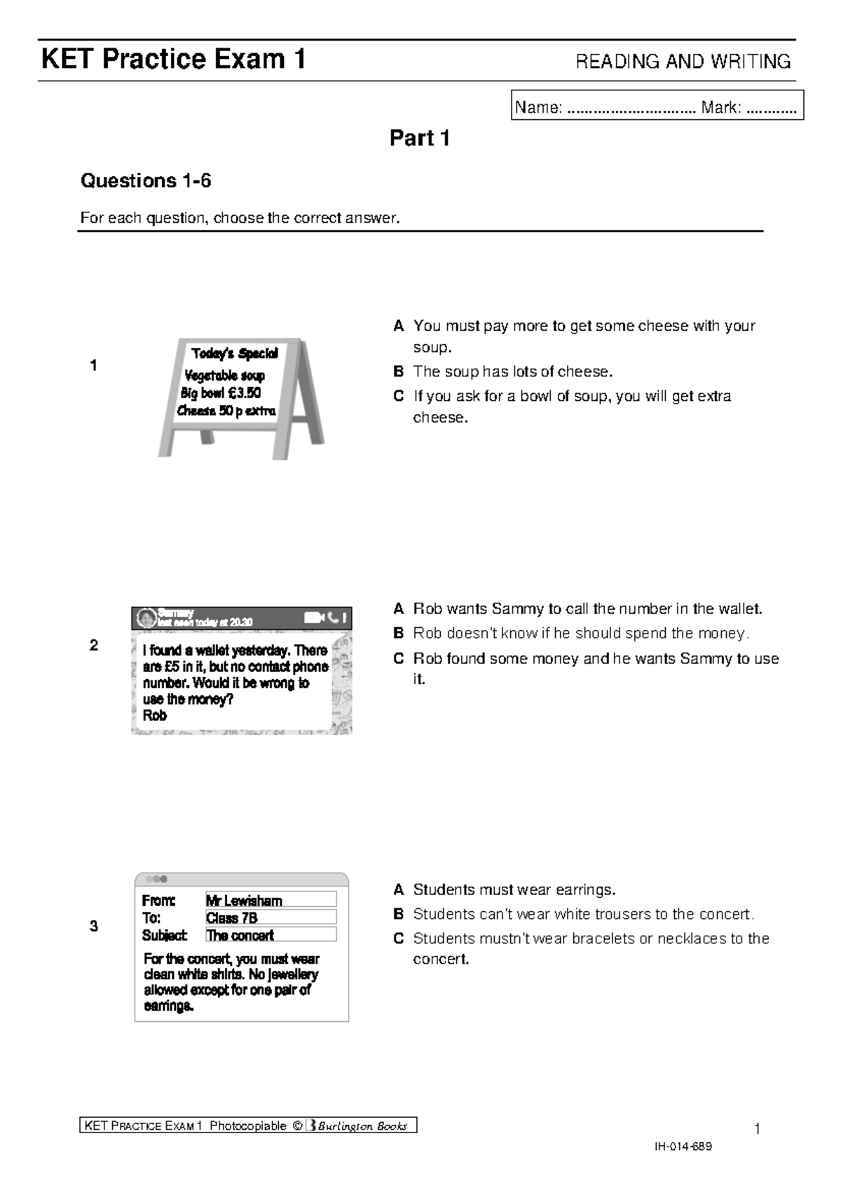 01 BIE A2 2ED KET Prac Exam 1 Read Write - 1 Name ...