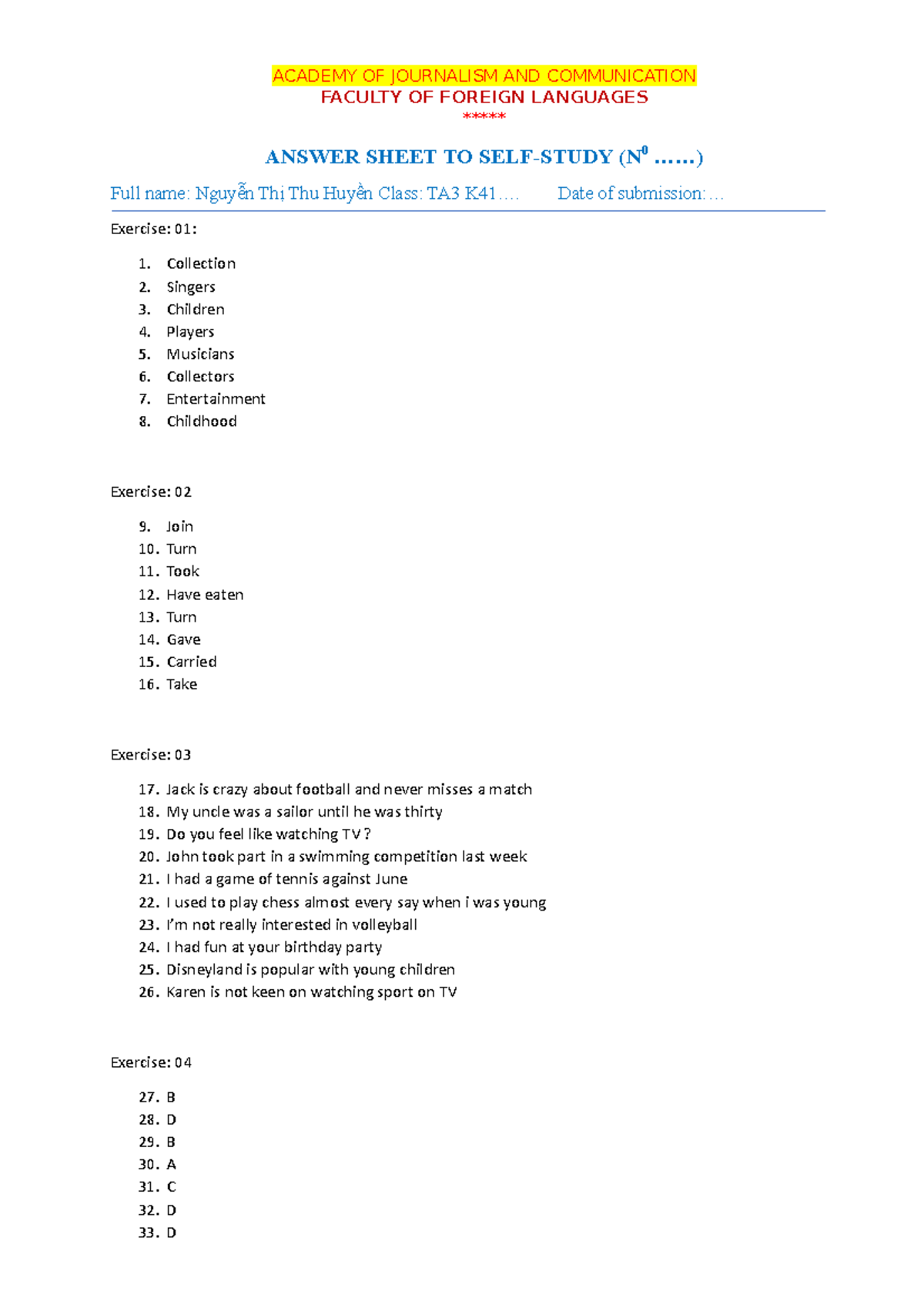 Self-Study Answer Sheet - ACADEMY OF JOURNALISM AND COMMUNICATION ...