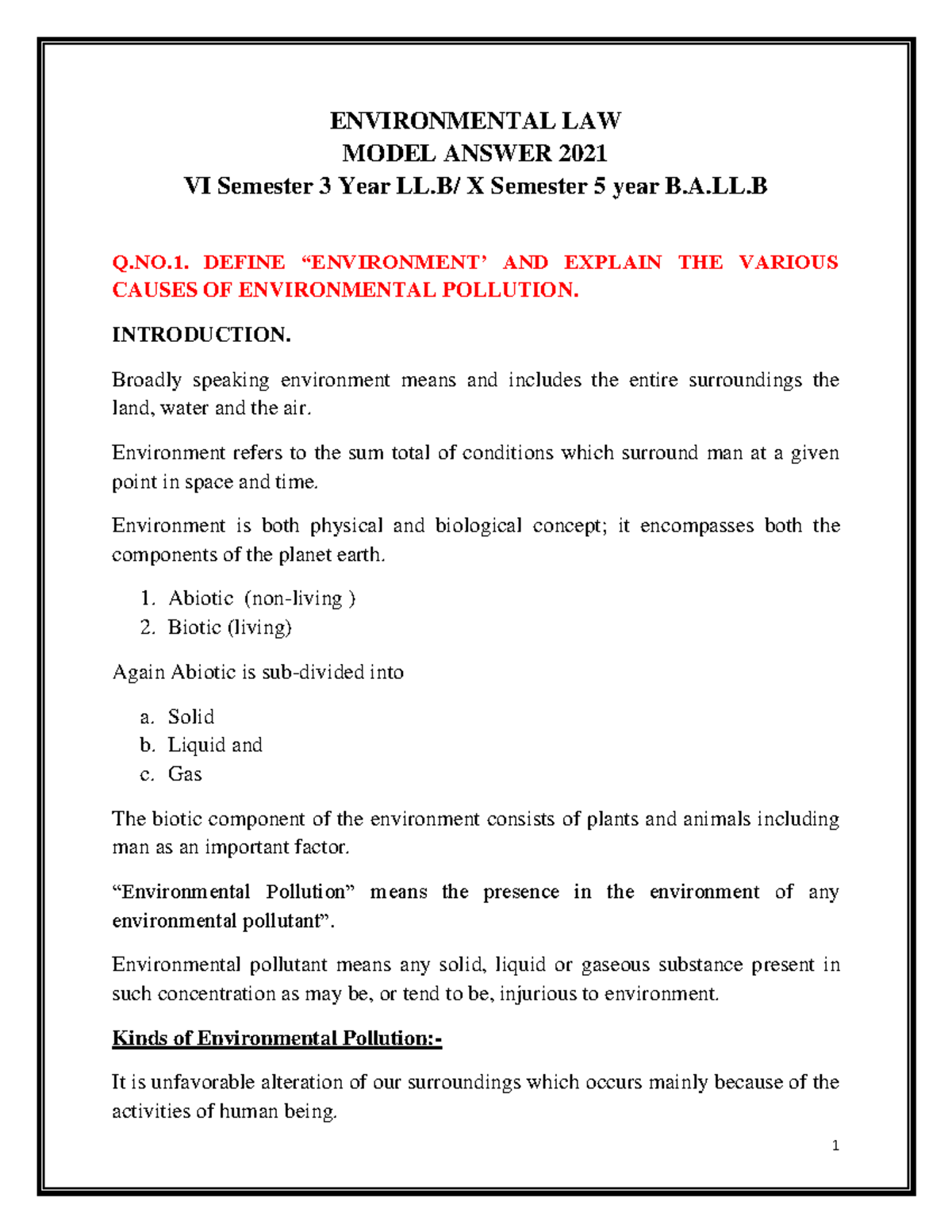 Environmental law - ENVIRONMENTAL LAW MODEL ANSWER 2021 VI Semester 3 ...