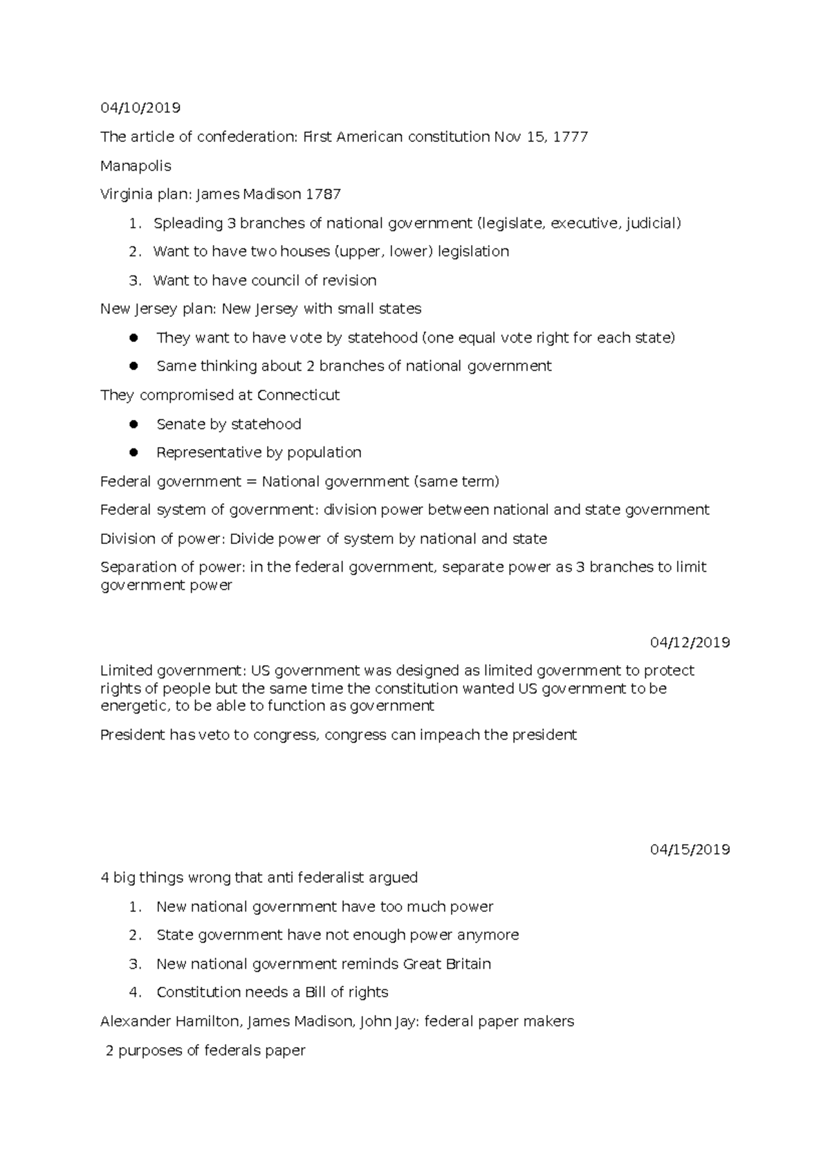 Notes - 04/10/2019 The article of confederation: First American ...