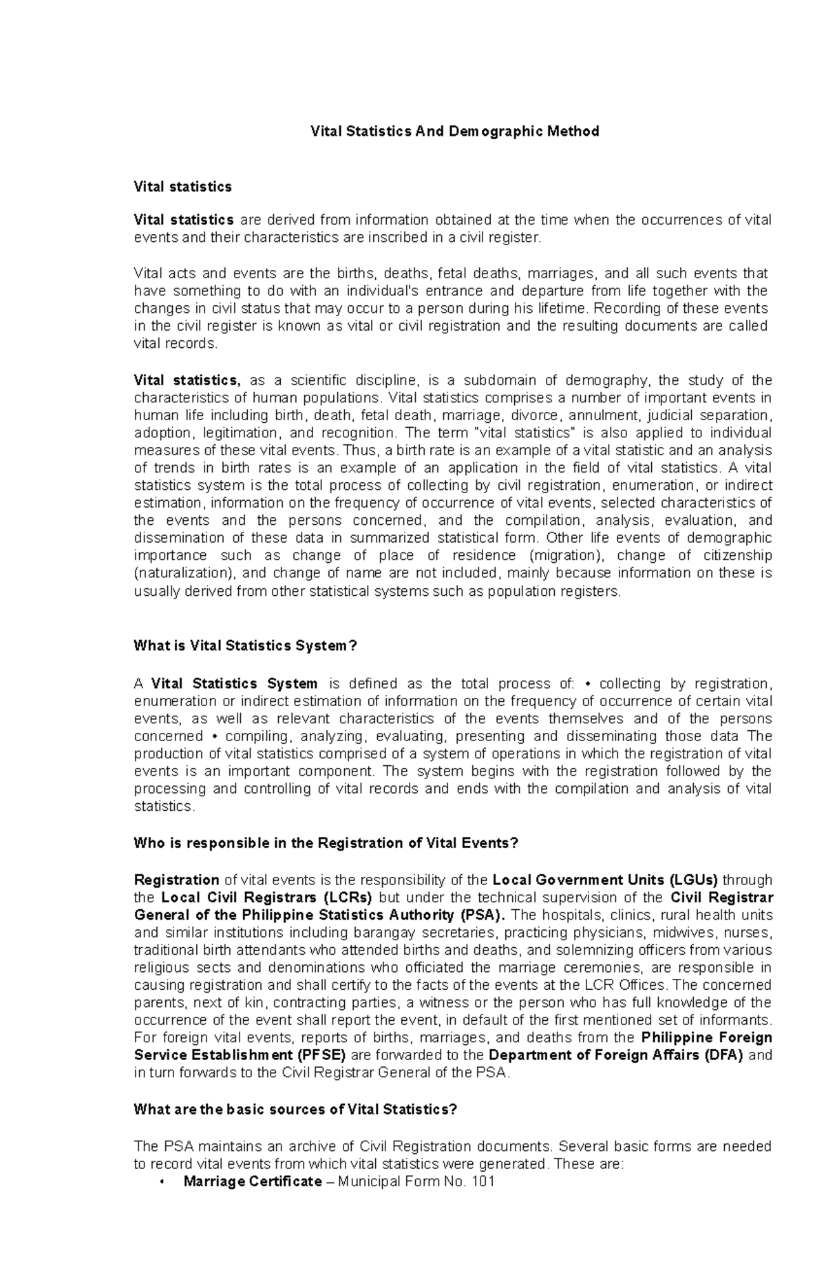 Vital Statistics And Demographic Method - Vital acts and events are the ...