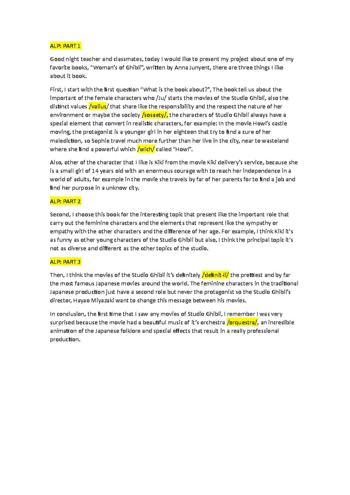 ALP Escrito - EXAMEN - ALP: PART 1 Good night teacher and classmates ...