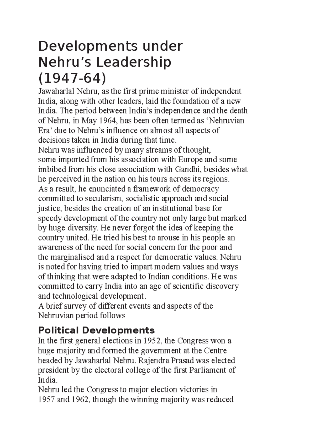 Development under Nehru's Leadership(1947-1964) - Developments under ...