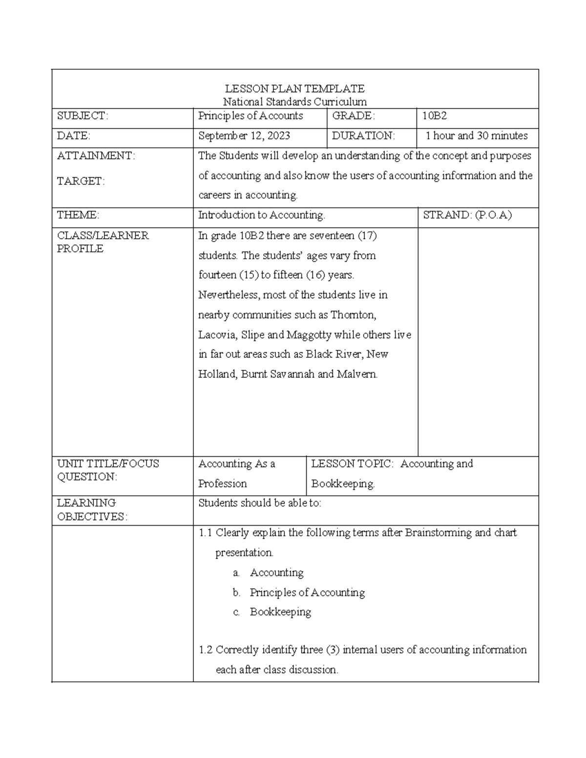 Introduction to Accounting - LESSON PLAN TEMPLATE National Standards ...