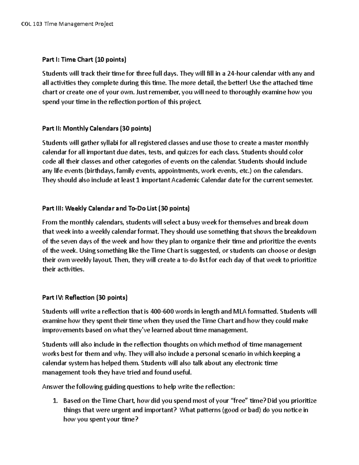 Time Management Project Online - Part I: Time Chart (10 points ...