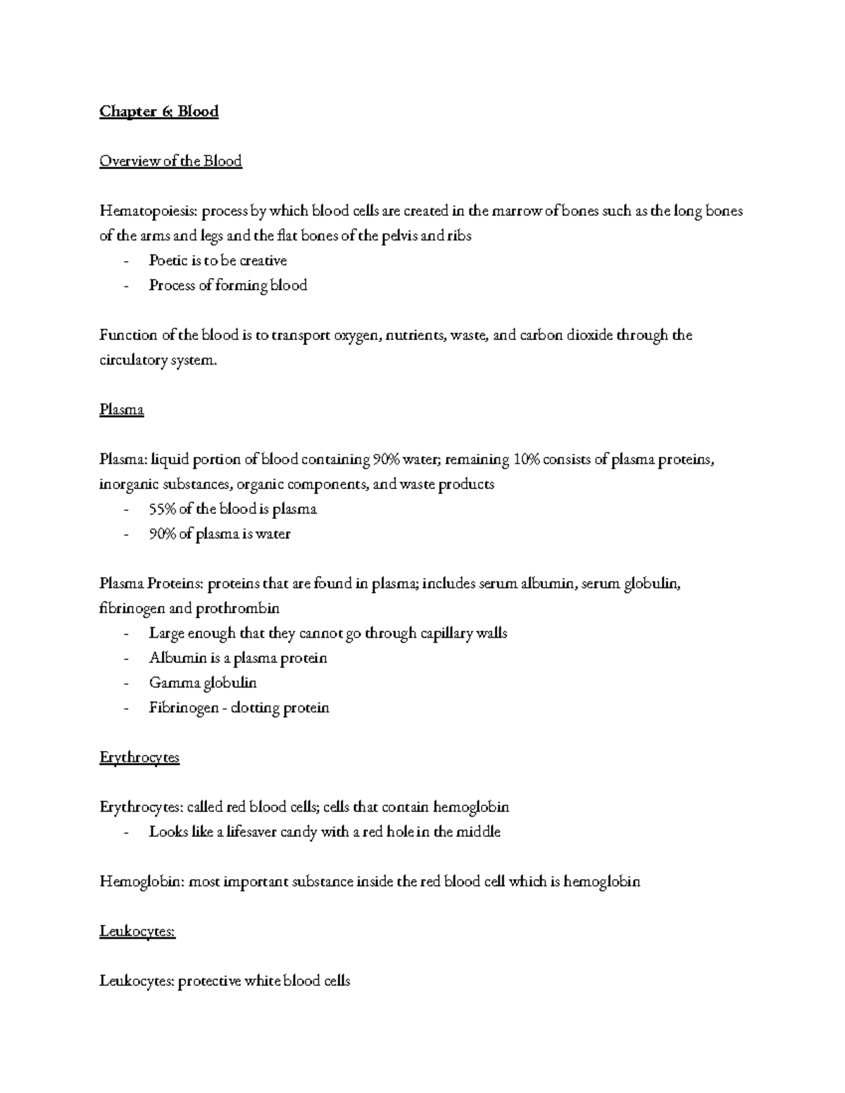 Medical Terminology Notes - Chapter 6 - Chapter 6: Blood Overview of ...