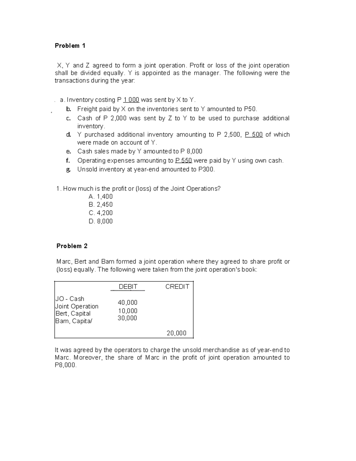 Joint Arrangements Problems for Seatwork - Problem 1 X, Y and Z agreed ...