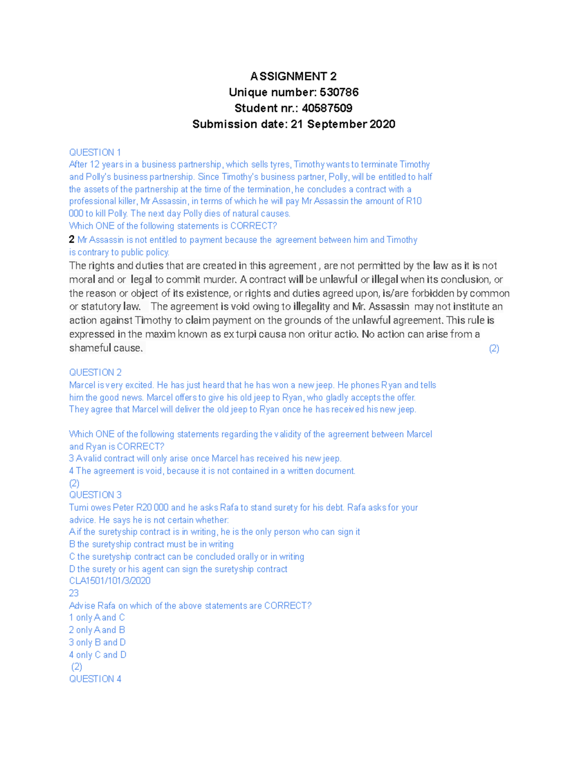 CLA1501 Assignment 2 2020 - ASSIGNMENT 2 Unique number: 530786 Student ...