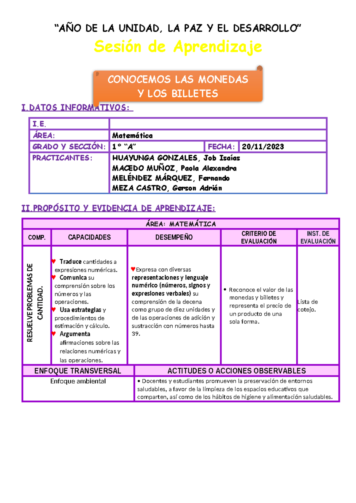 Sesión Conocemos LAS Monedas Y Billetes - Sesión de Aprendizaje I ...