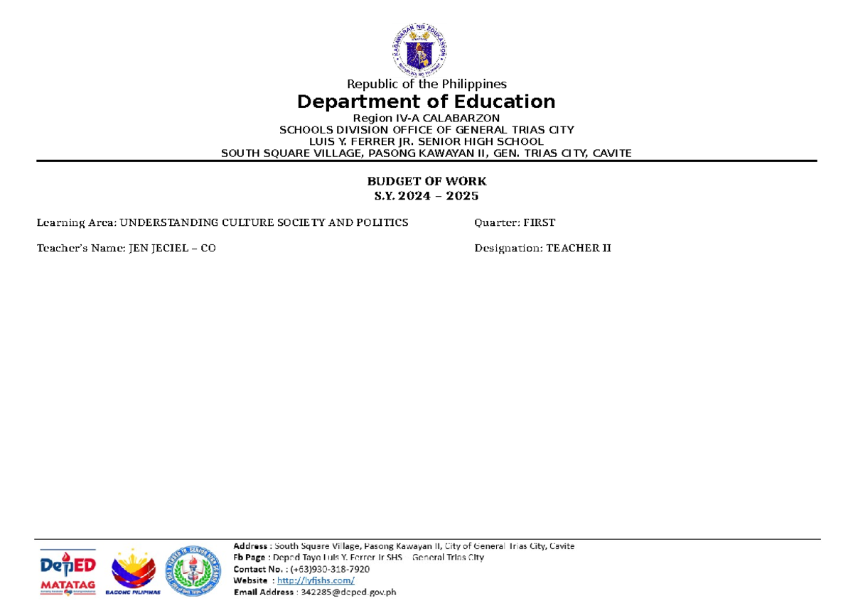 BOW-2024-UCSP - budget of work - Republic of the Philippines Department ...