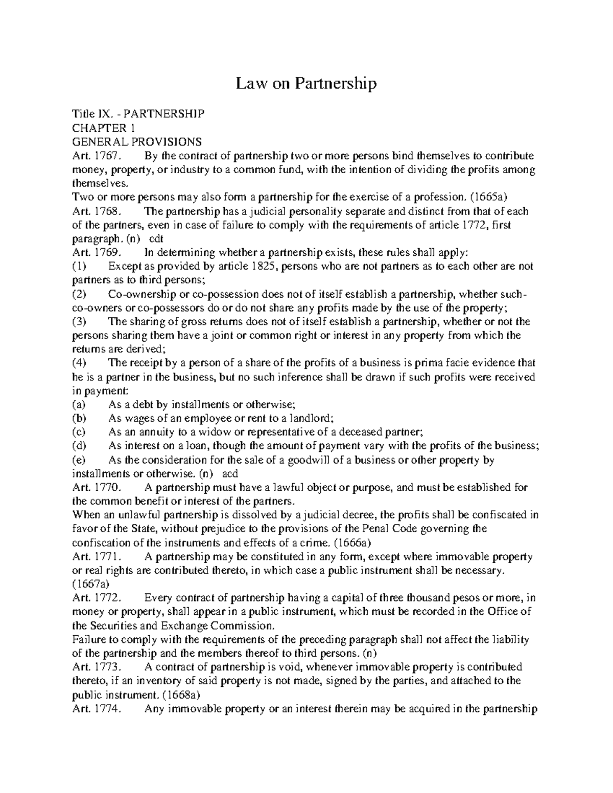 Partnership - HAND OUTS - Law on Partnership Title IX. - PARTNERSHIP ...