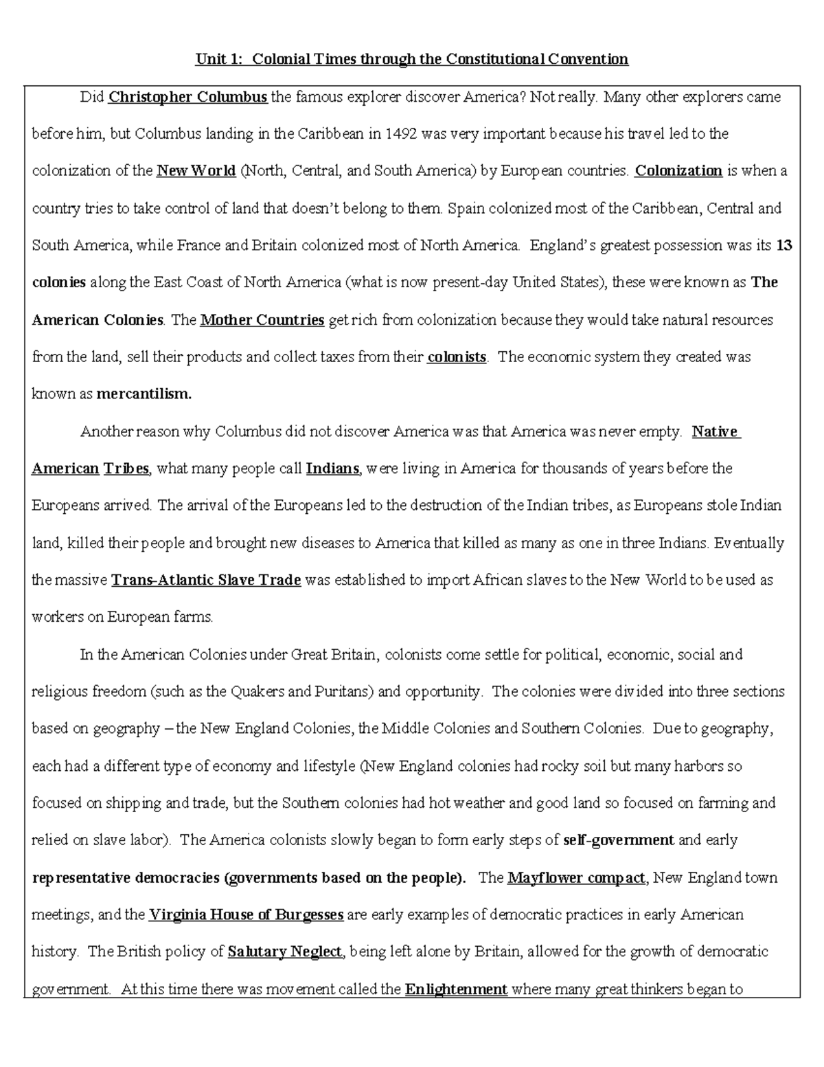 Unit 1 - Colonial Times through the Constitutional Convention-SP - Many ...