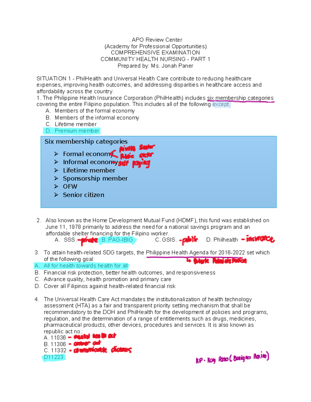 CHN PART 1 - Sample questions - . APO Review Center (Academy for ...