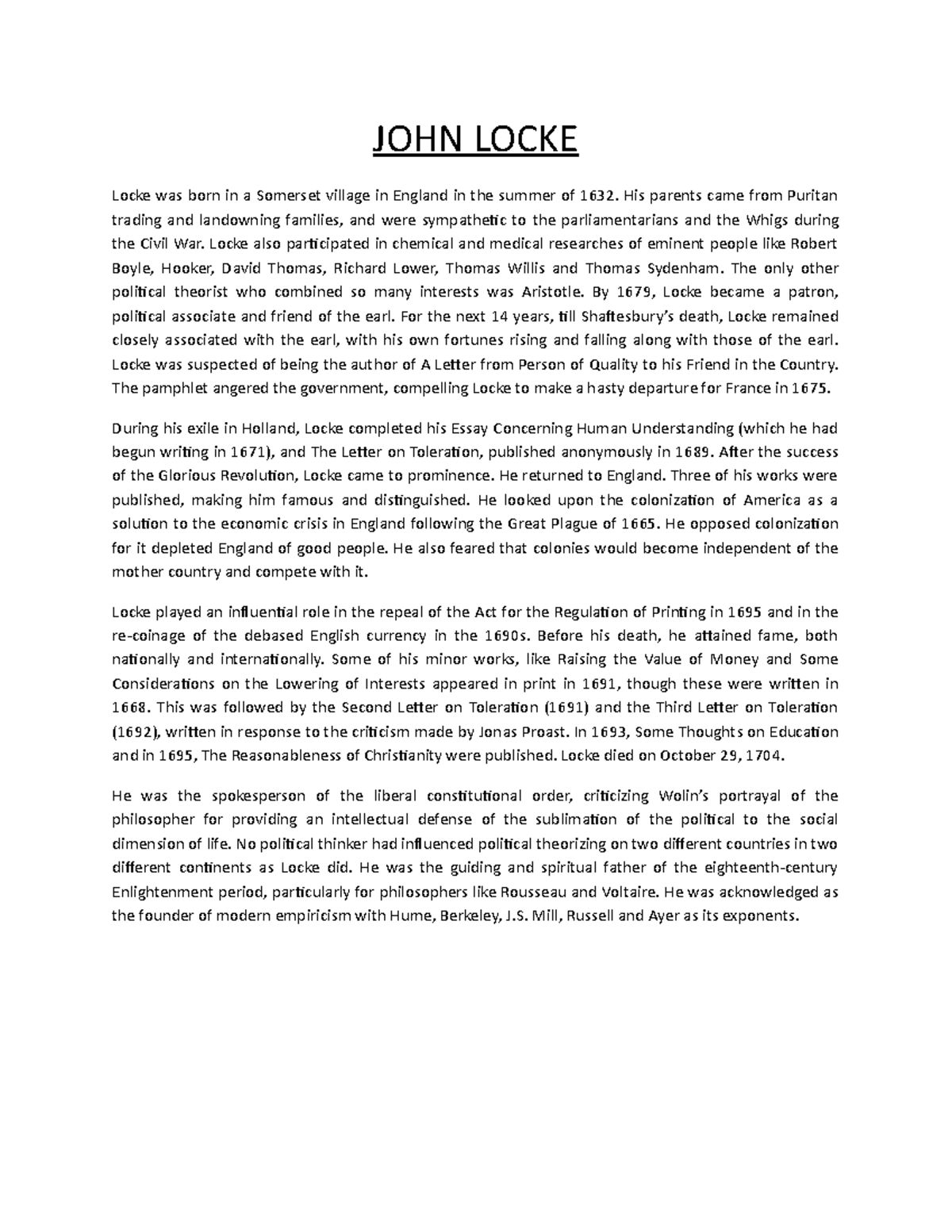 JOHN Locke- THE NATURAL RIGHTS OF INDIVIDUAL - JOHN LOCKE Locke was ...