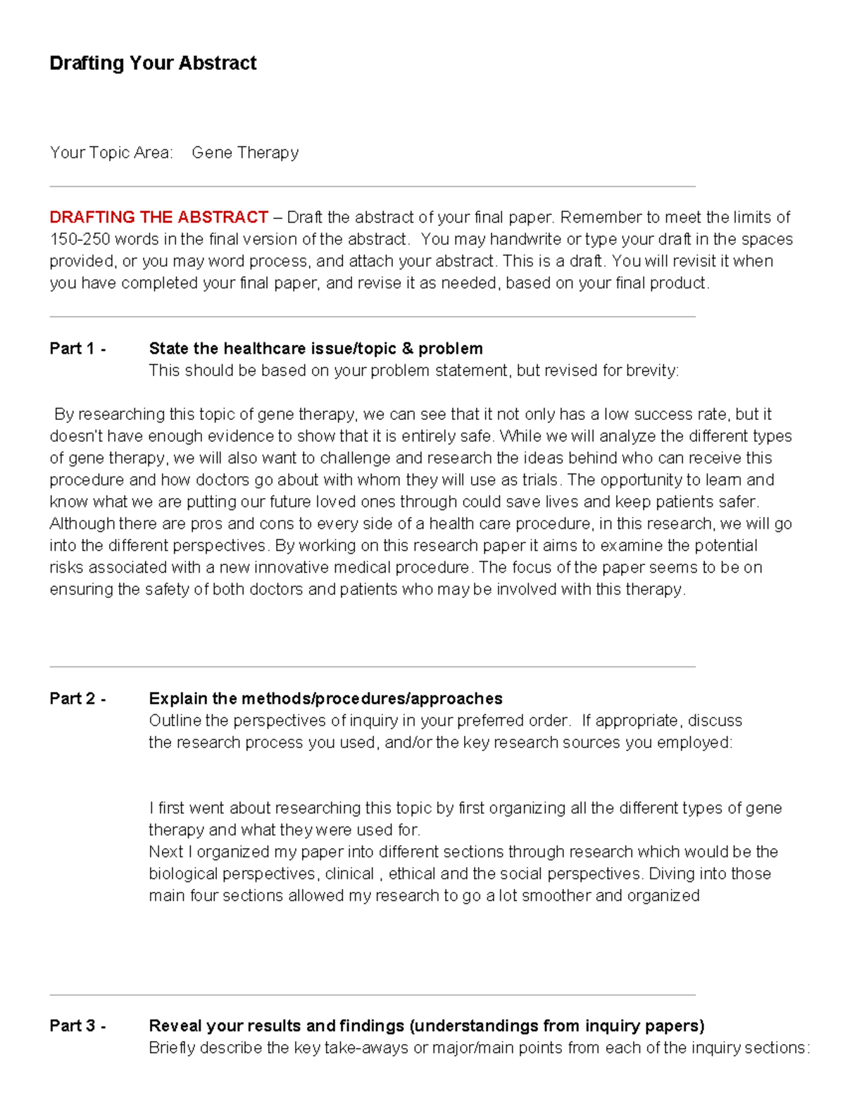 Week 5- Drafting Abstracts CAPS401 - Drafting Your Abstract Your Topic Area: Gene Therapy ...