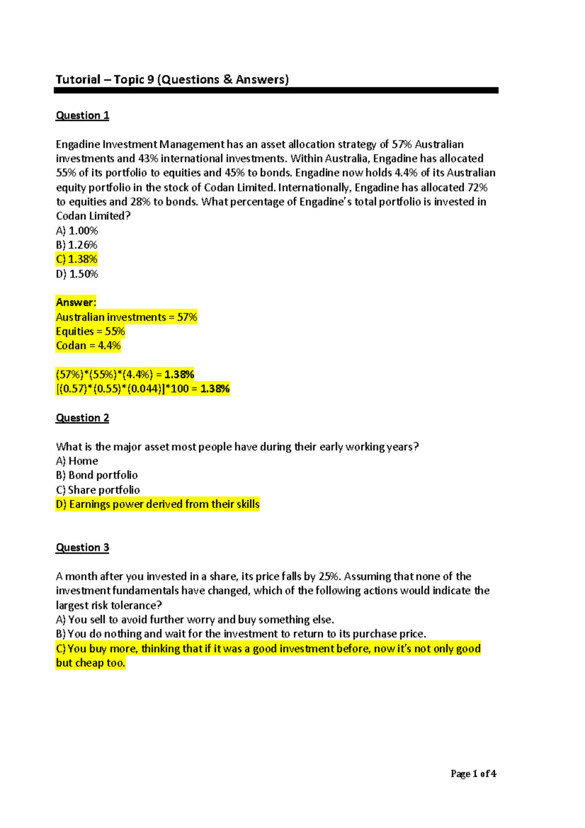Tutorial (Q&A) Topic 9 – Individual Investors & Investment Process ...