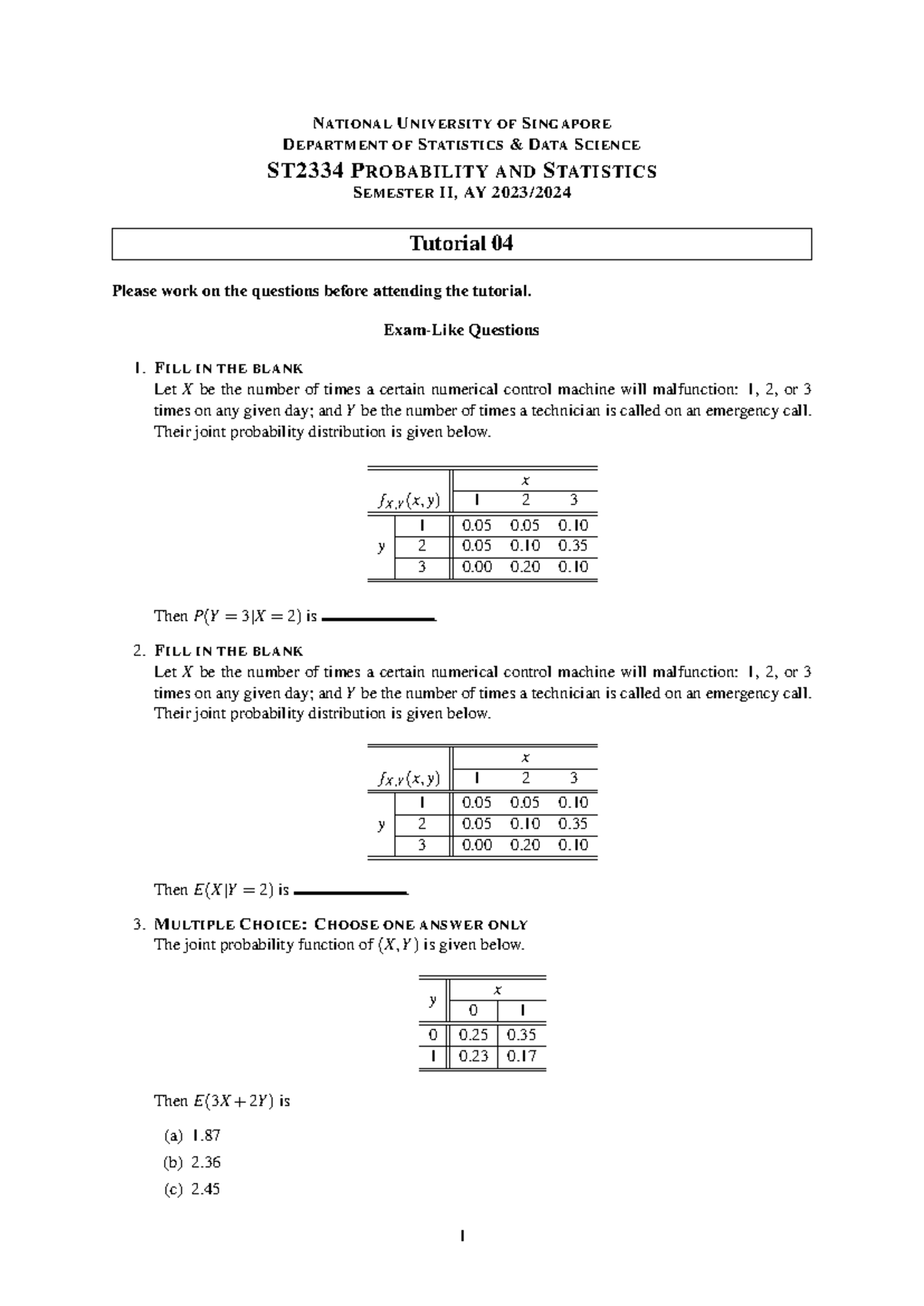 Tut04 - NATIONAL UNIVERSITY OF SINGAPORE DEPARTMENT OF STATISTICS & DATA SCIENCE ST2334 - Studocu