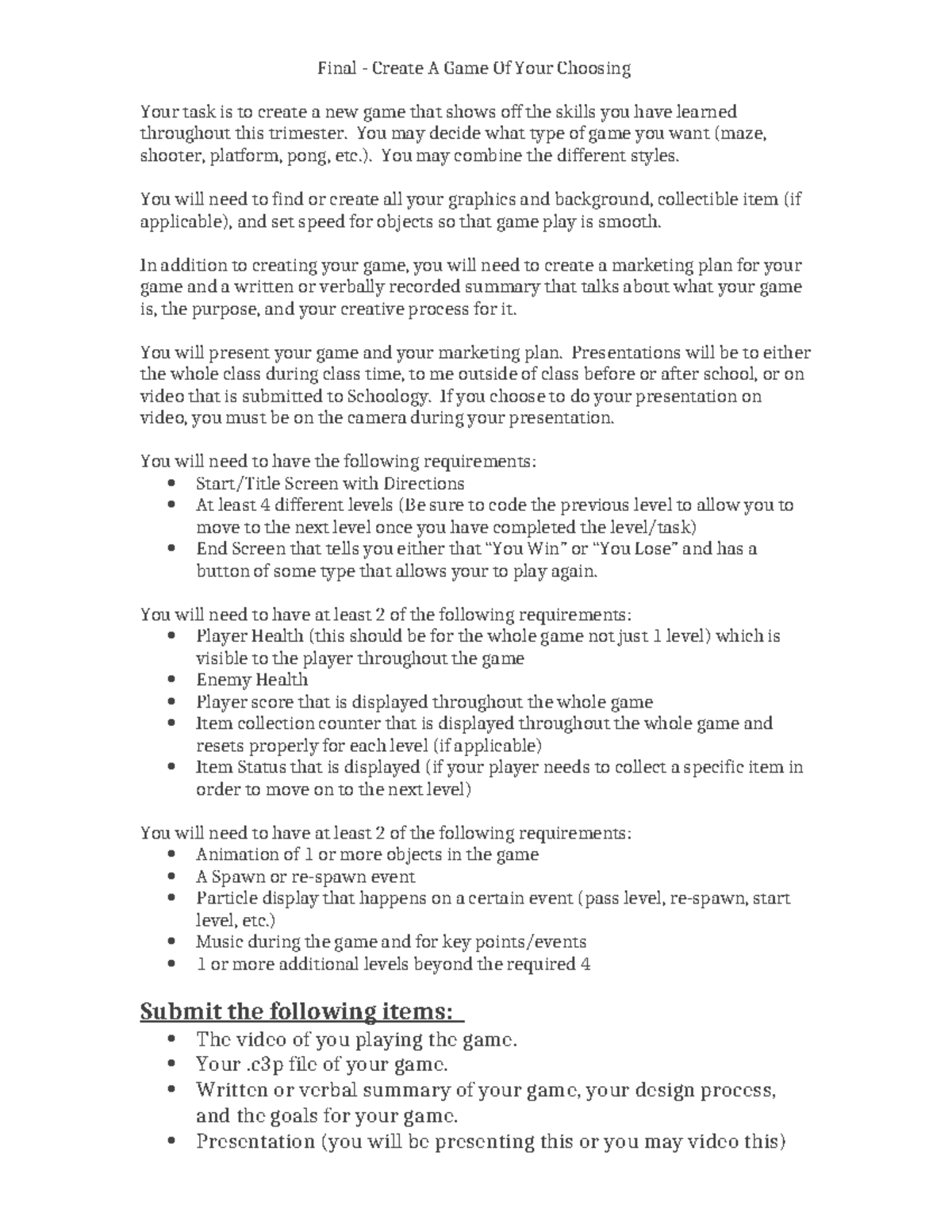 Assignment - Final - Make a Game of Your Choosing - Final - Create A ...