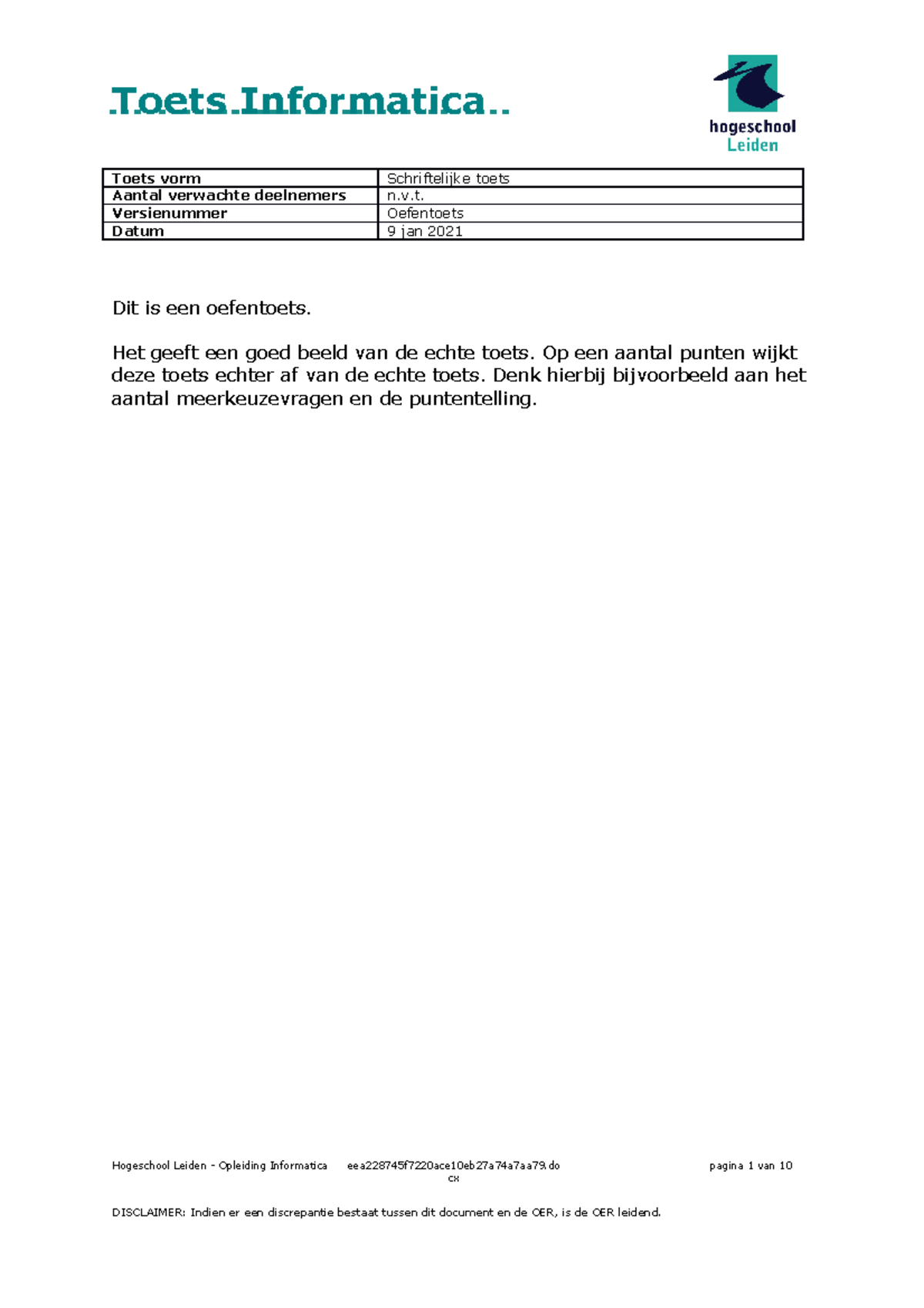 Oefentoets IRDB - Beschrijving - ####### Toets vorm Schriftelijke toets ...