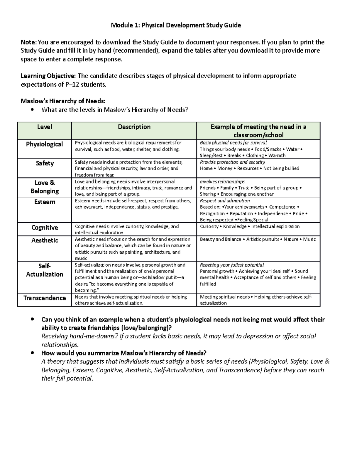 D094 D307 M1 Study Guide 1 - Module 1: Physical Development Study Guide ...